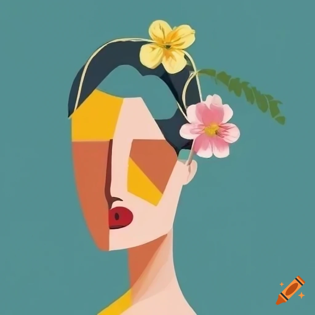 Abstract minimalist cubism of a girl with a long neck and flower in ...