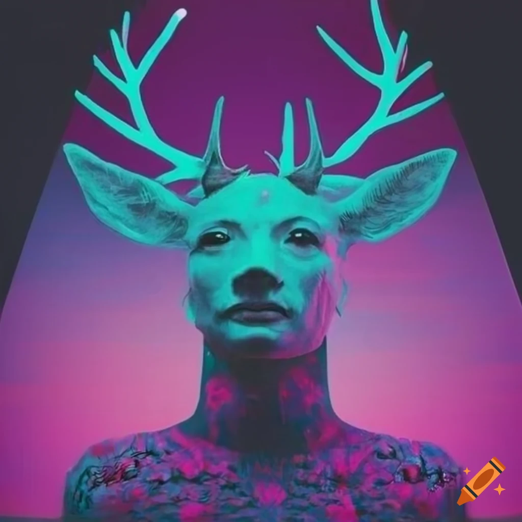 Deer with a human face on sci-fi 70s book cover with sacred vaporwave ...