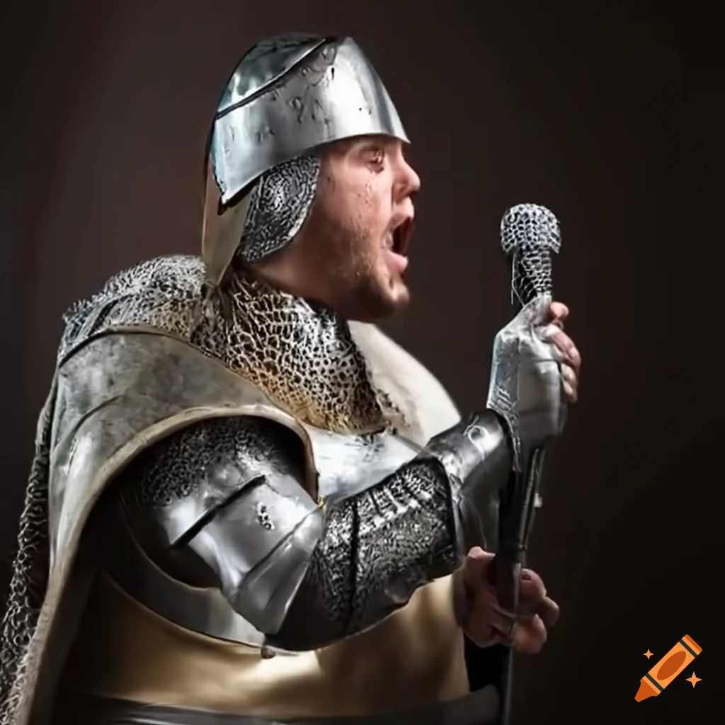 Medieval knight singing into a microphone on Craiyon