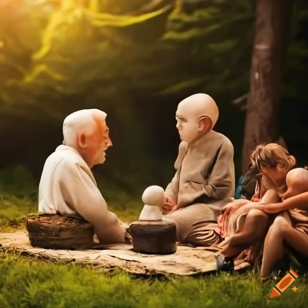 Elderly man sharing wisdom and stories with a group of people in rustic outdoor setting on Craiyon