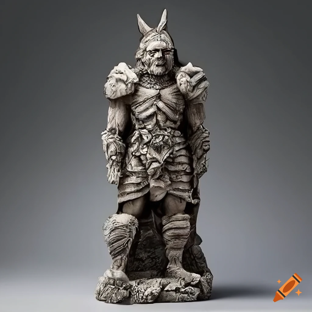 Ancient cracked stone warrior statue in a fantasy setting on Craiyon
