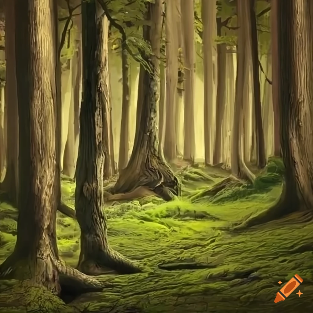 Wooded forest with tall trees and lush foliage on Craiyon