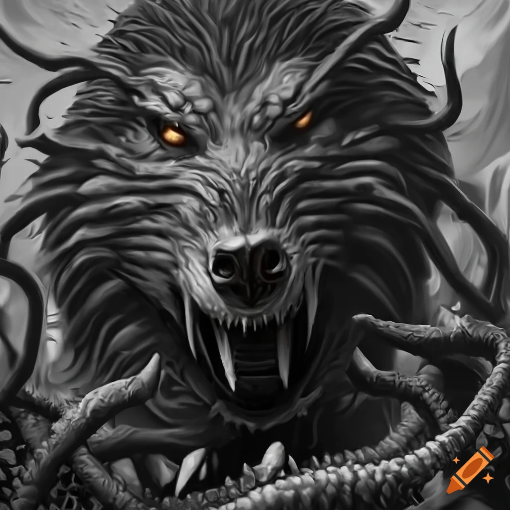 High contrast logo of an eldritch hydralisk chthulu wolf head with ...