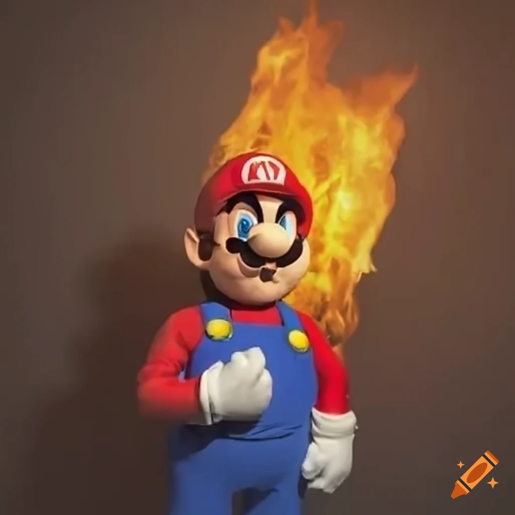 Angry mario with fire in the background on Craiyon