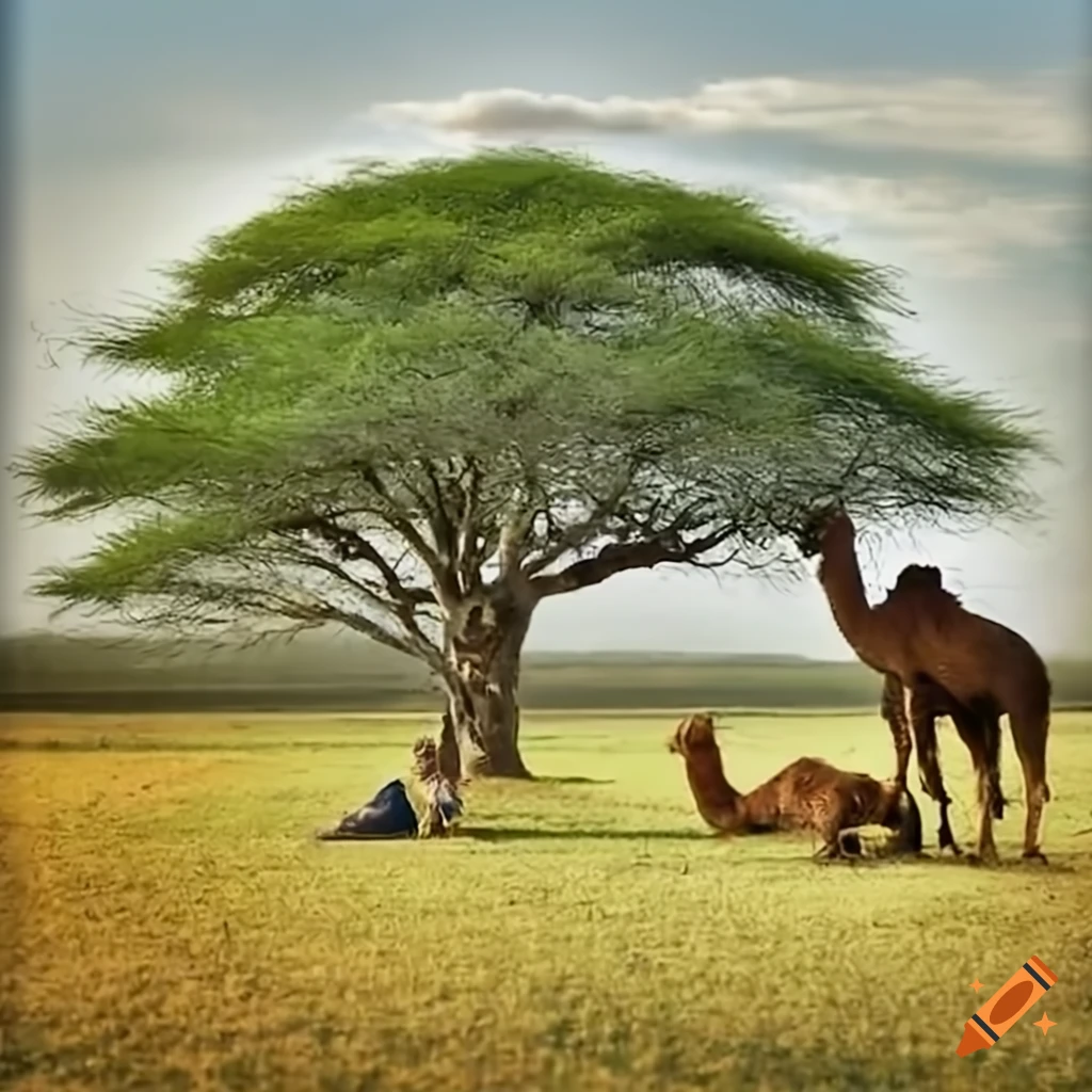 Man sitting under an acacia tree in a grassland with a camel on Craiyon