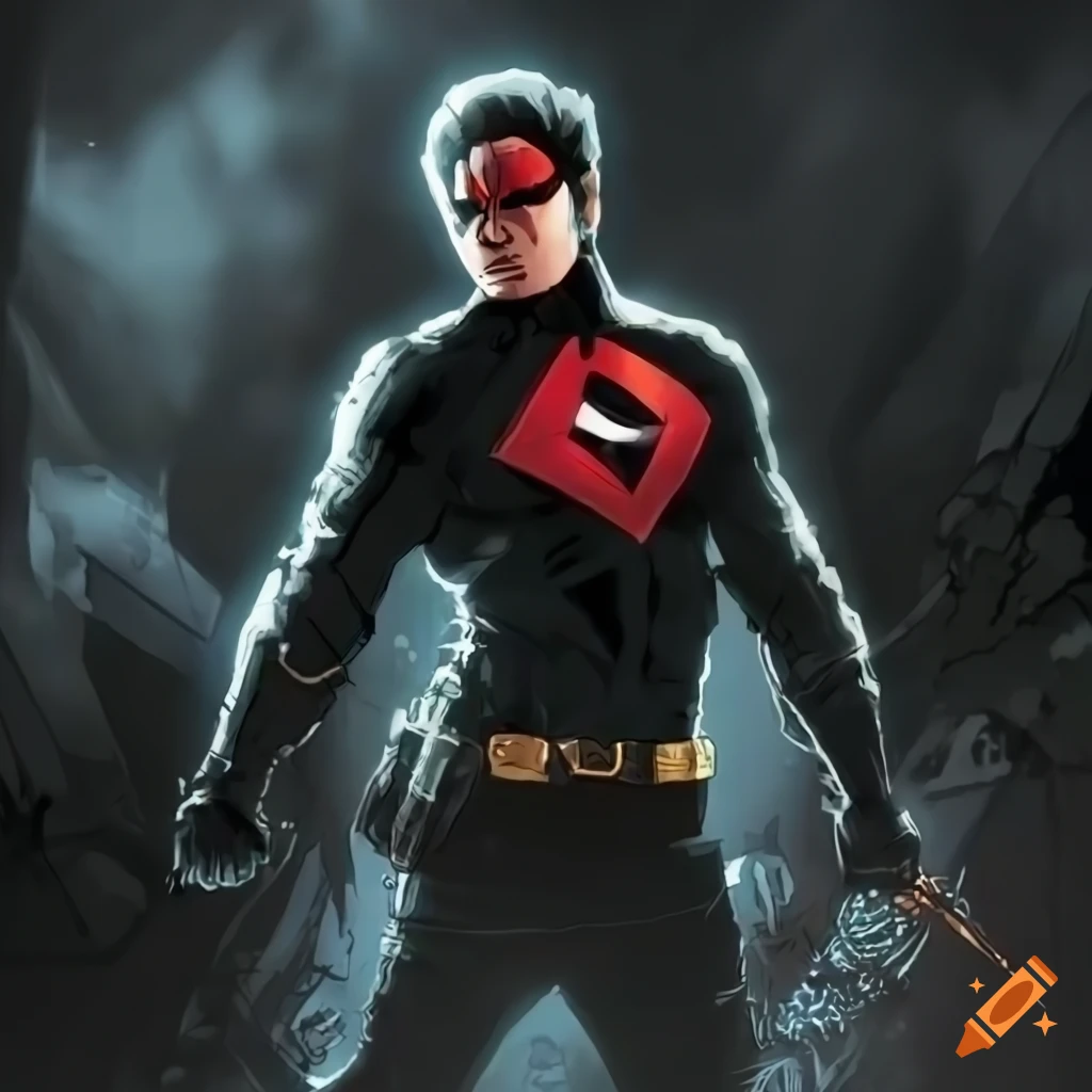 Comic book hero in black jacket and red extras on Craiyon