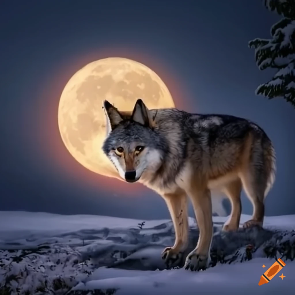 Wolf howling at the full moon in a winter setting with snow on Craiyon