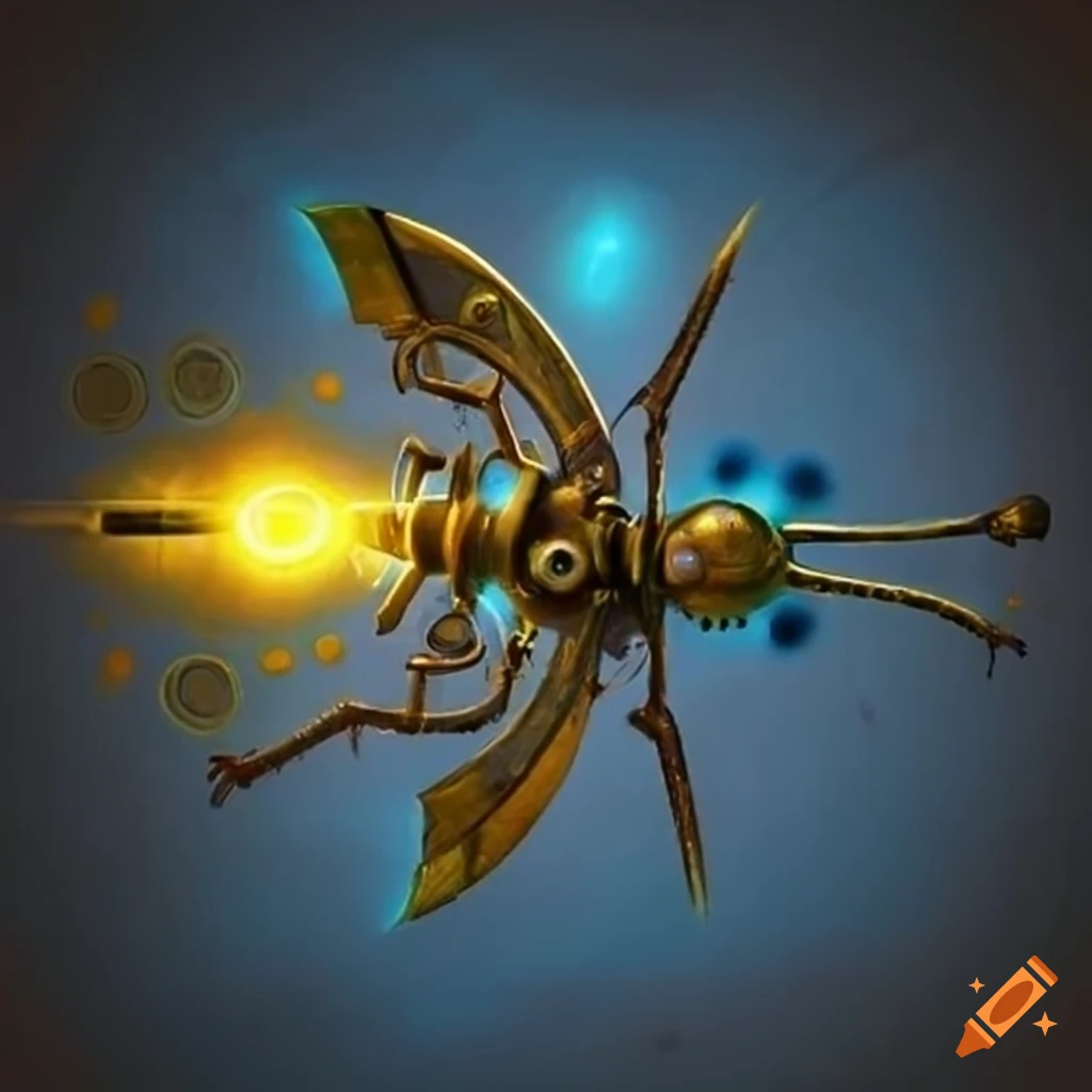 Steampunk hornet shooting laser beams in yellow and blue on Craiyon