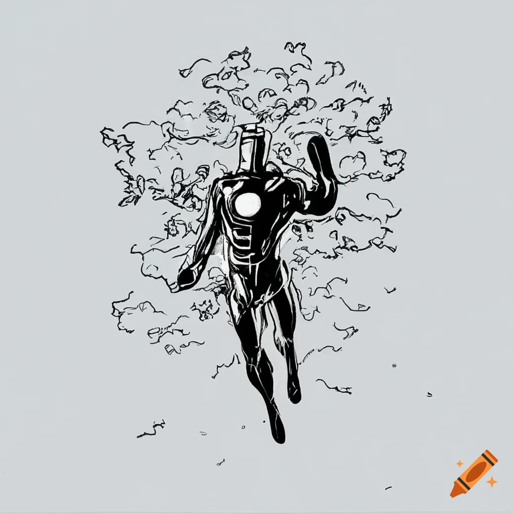 Line art drawing of iron man flying in frank cho art style on Craiyon