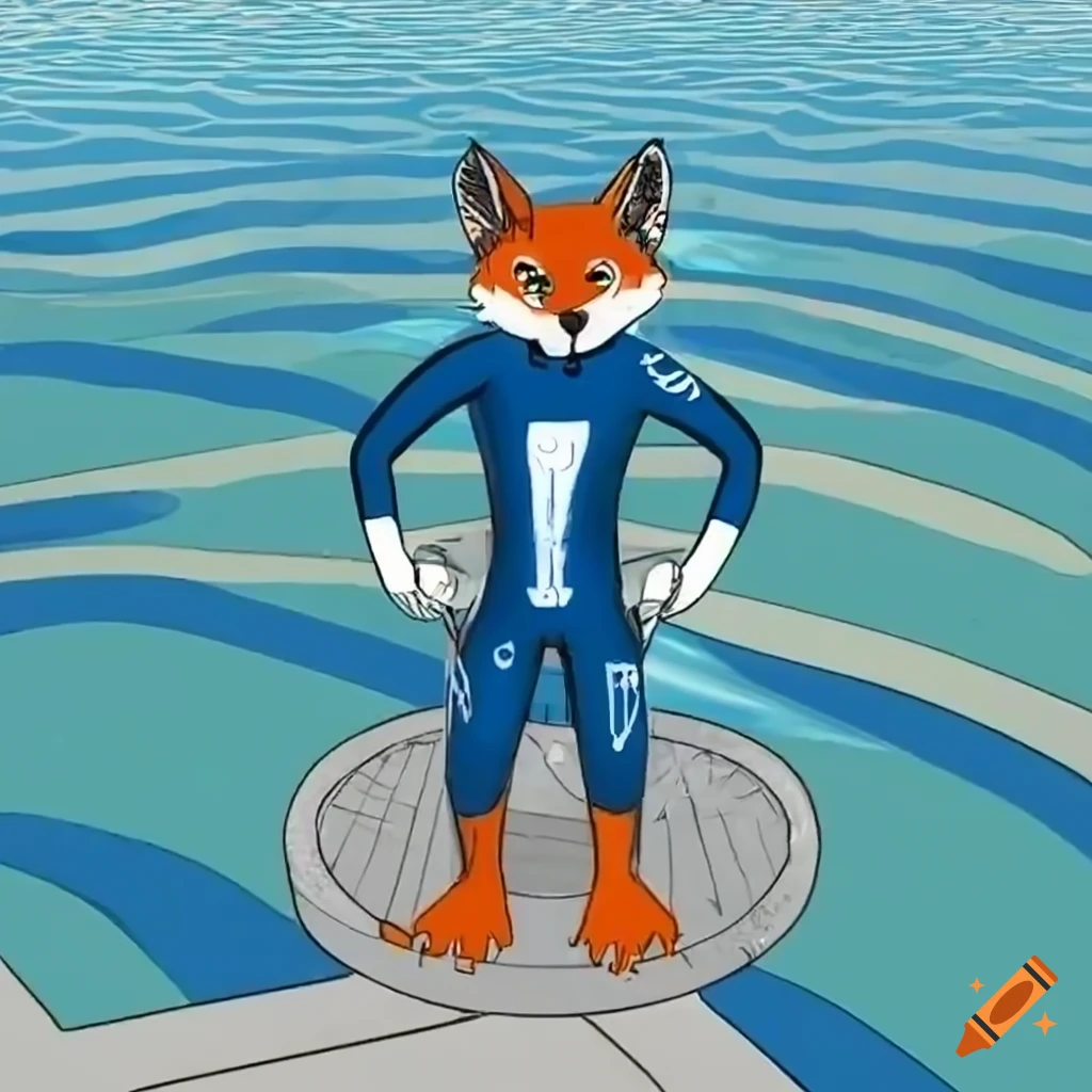 Anthro male fox in a triathlon wetsuit standing at the pool drain on ...
