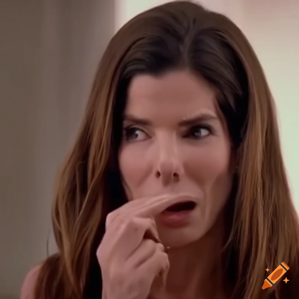 Sandra Bullock sniffing her fingers in a movie scene on Craiyon