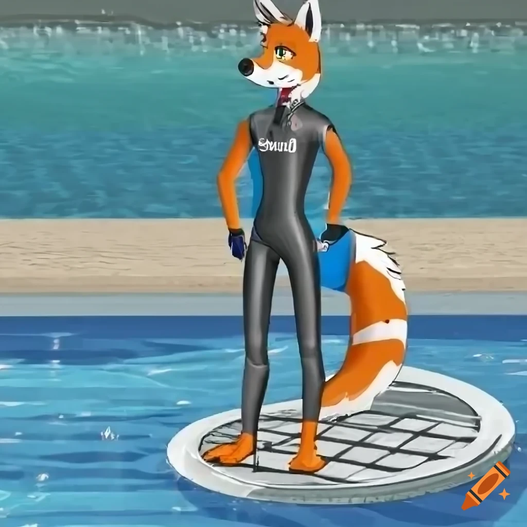 Anthro male fox in a triathlon wetsuit standing at the pool drain on ...