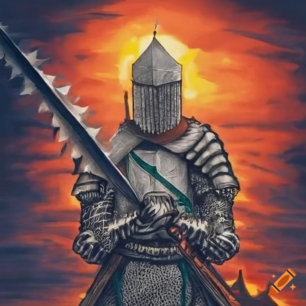 Intricate pencil drawing of a knight with a blazing sword against a ...