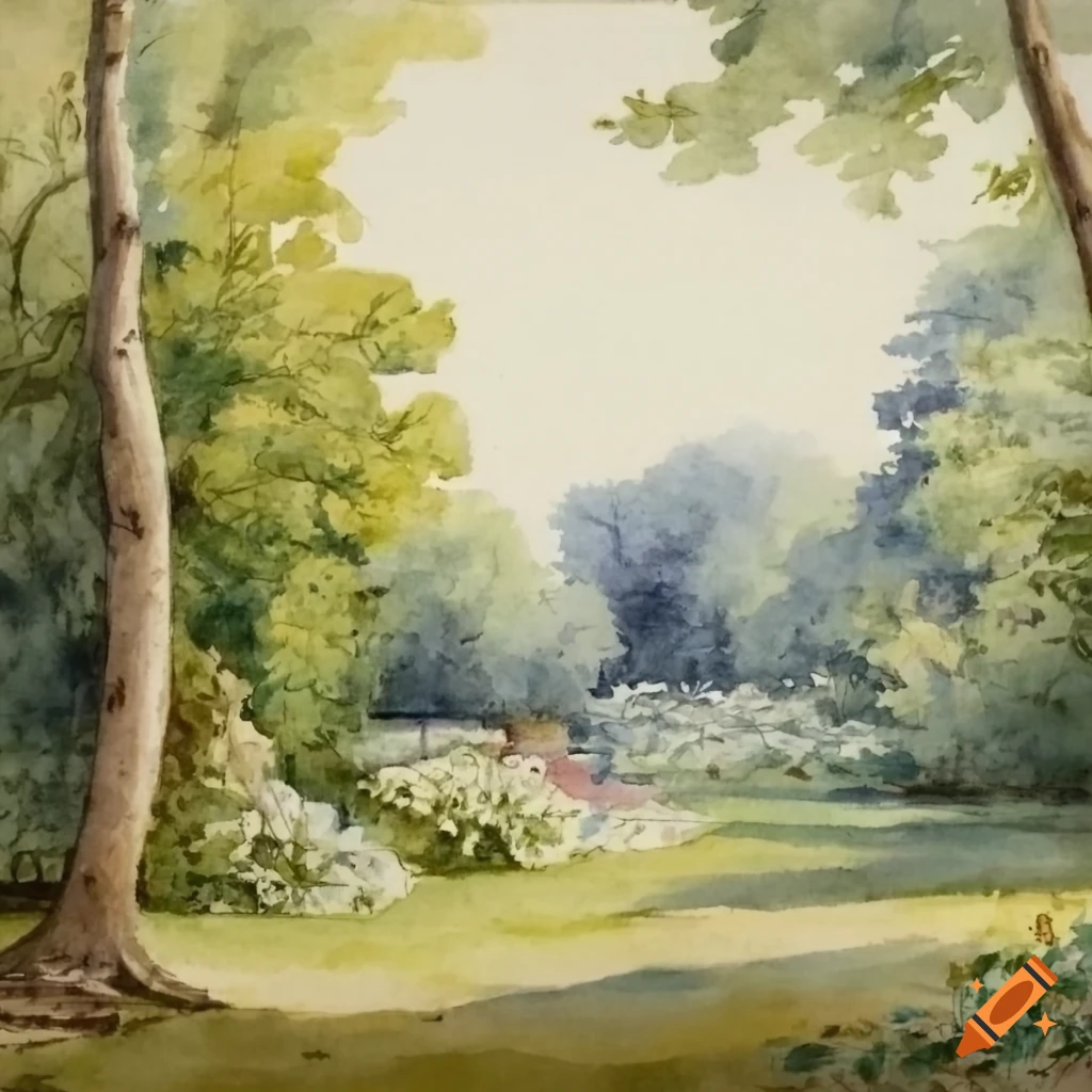 Arboreal park at dawn of spring in 19th century landscape painting on ...