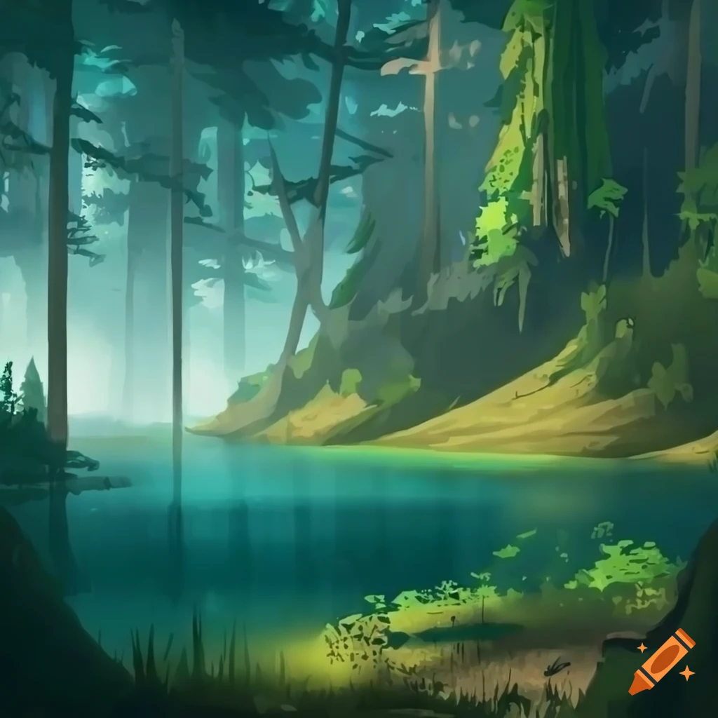 RPG forest background clearing with a sunny forest and a lake on Craiyon