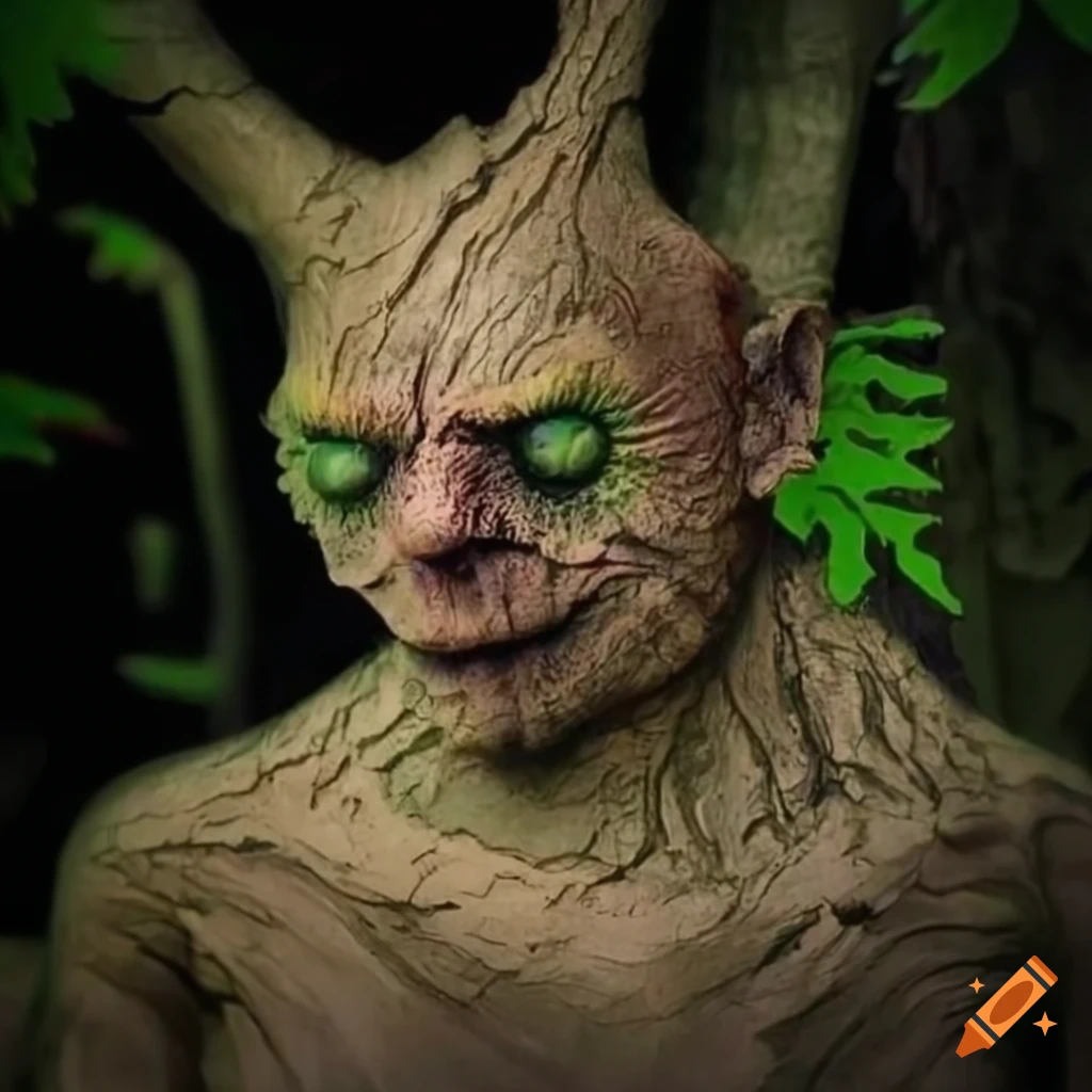 Rotten tree monster emerging from tree bark, hyper-realistic micro ...