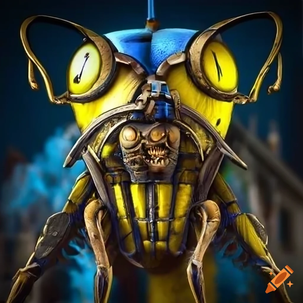 Technoid steampunk hornet in yellow and blue colors on Craiyon
