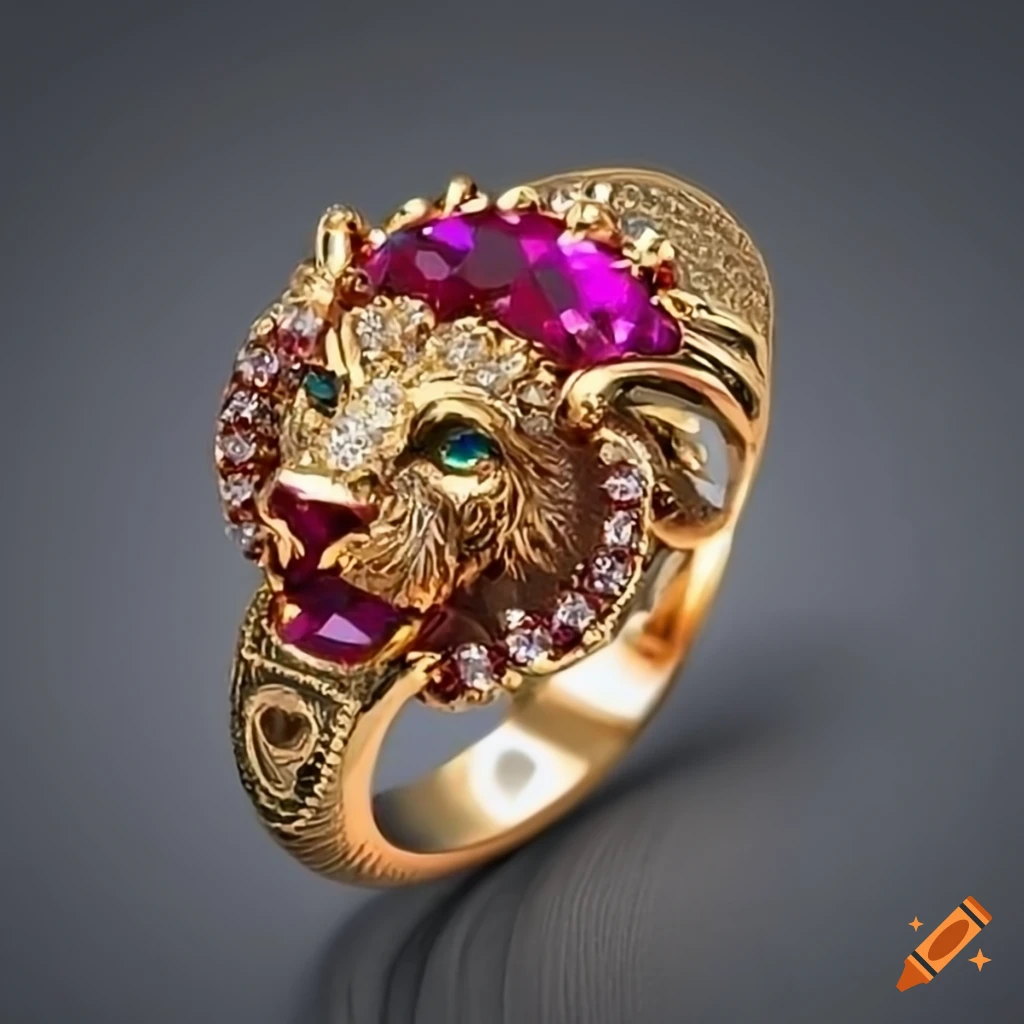 Gold ring with red ruby, diamonds, and engraved lion, fantasy style on ...