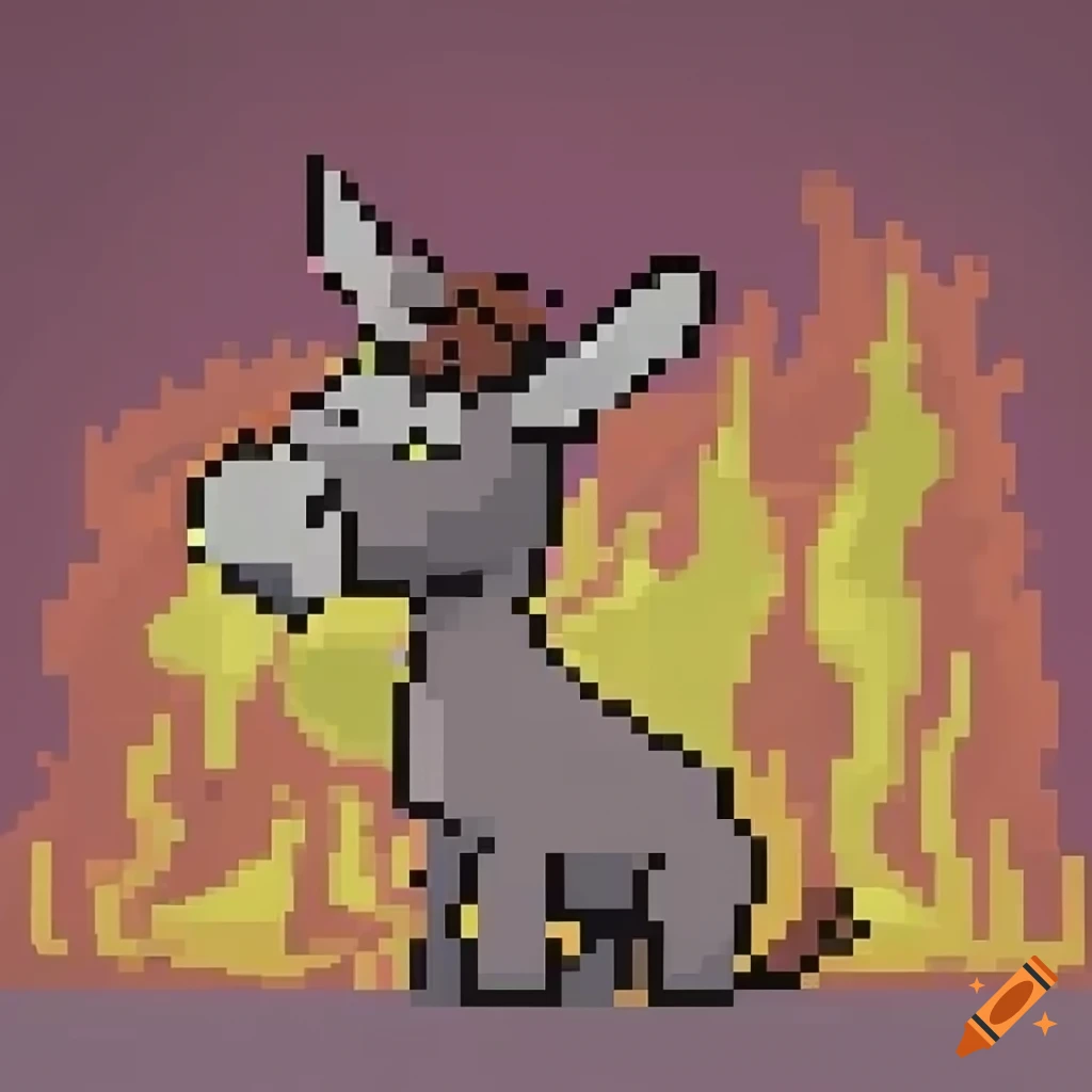 Pixel art of a donkey engulfed in flames on Craiyon