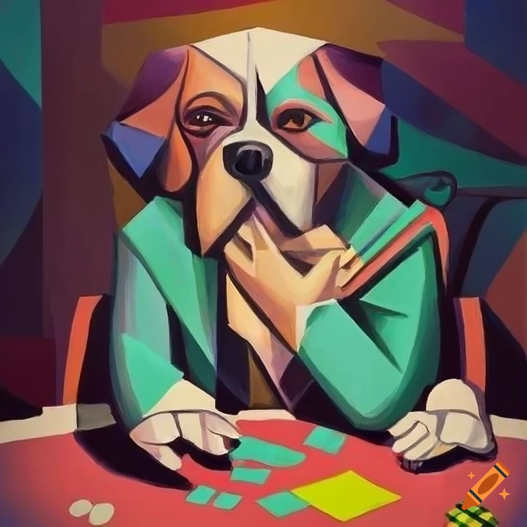 Cubist depiction of dogs playing poker in picasso style on Craiyon