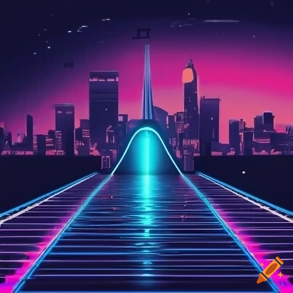 Retro 80s city skyline in space on Craiyon