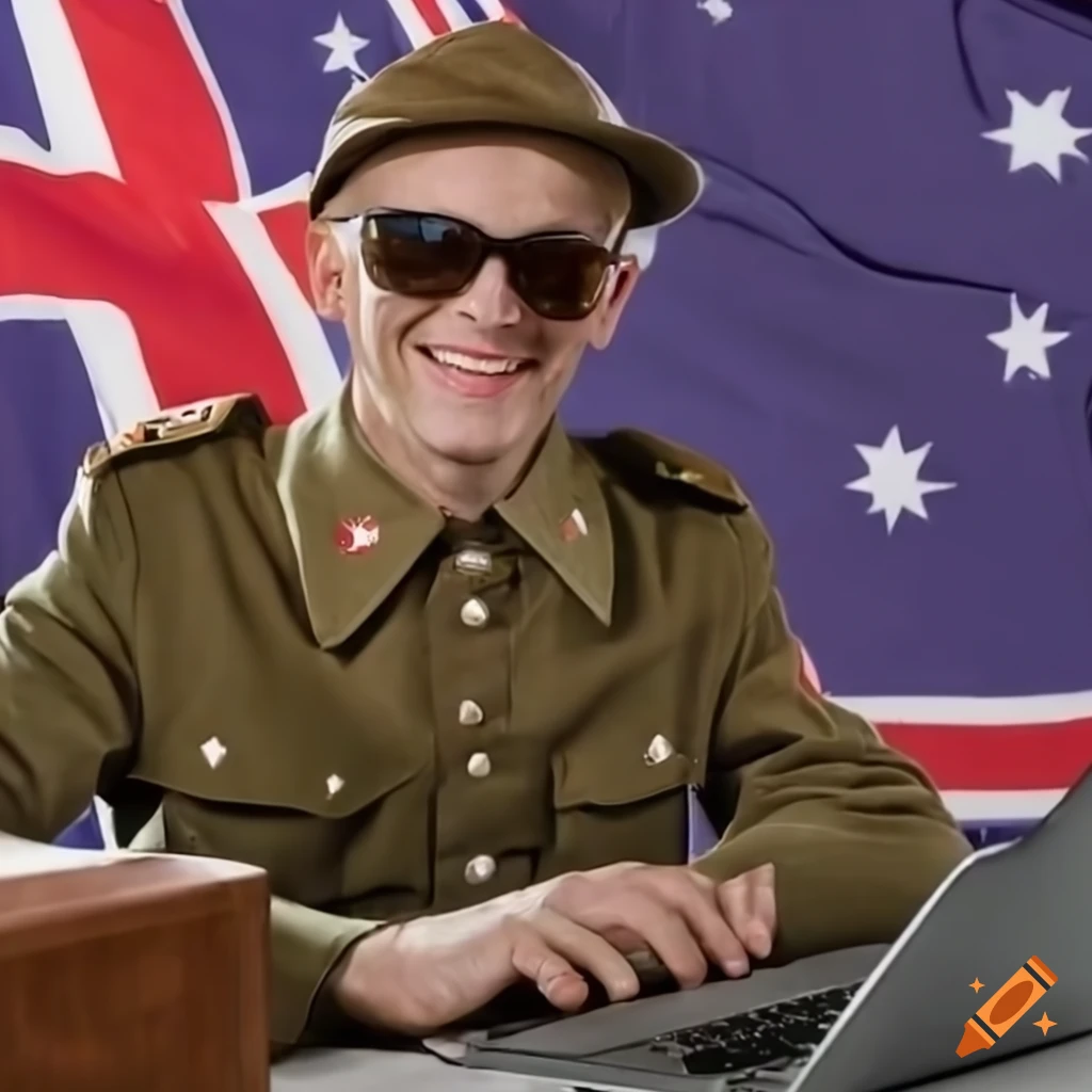 Smiling Australian British man in ANZAC uniform typing on computer on ...