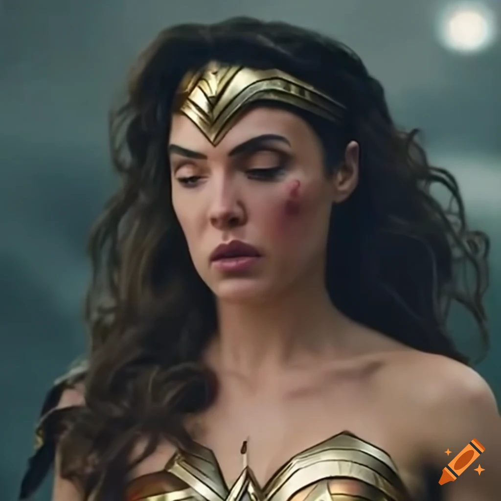Bruised Wonder Woman fighter with dizzy expression on Craiyon