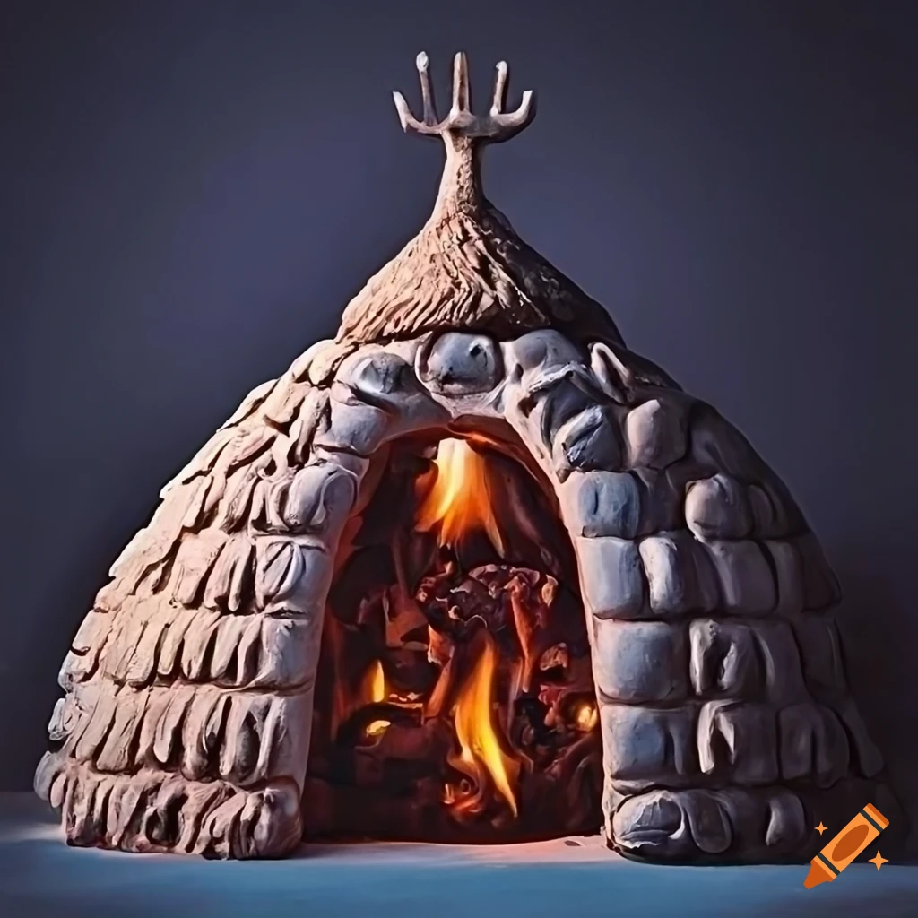 Intricately carved clay hut with elemental symbols and trident fork on ...
