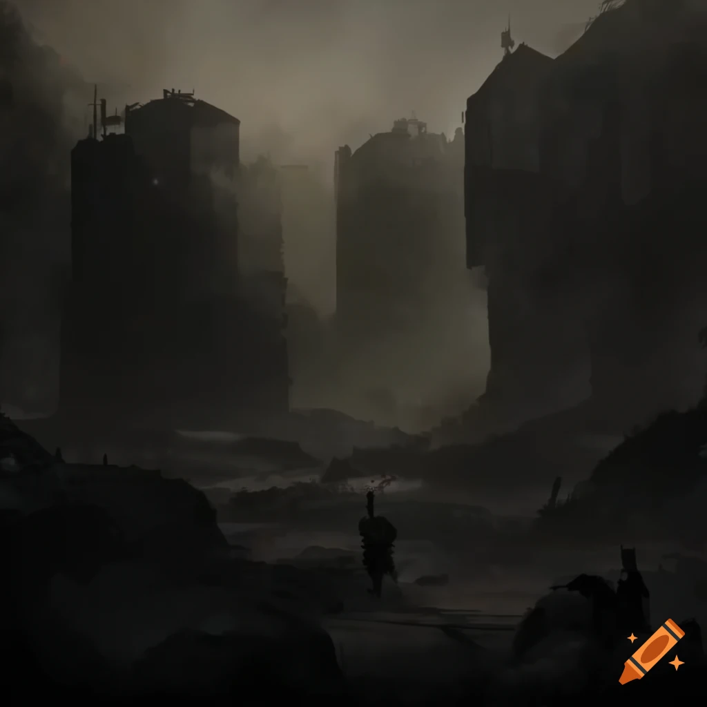 Barren city illuminated by torches and campfires on Craiyon