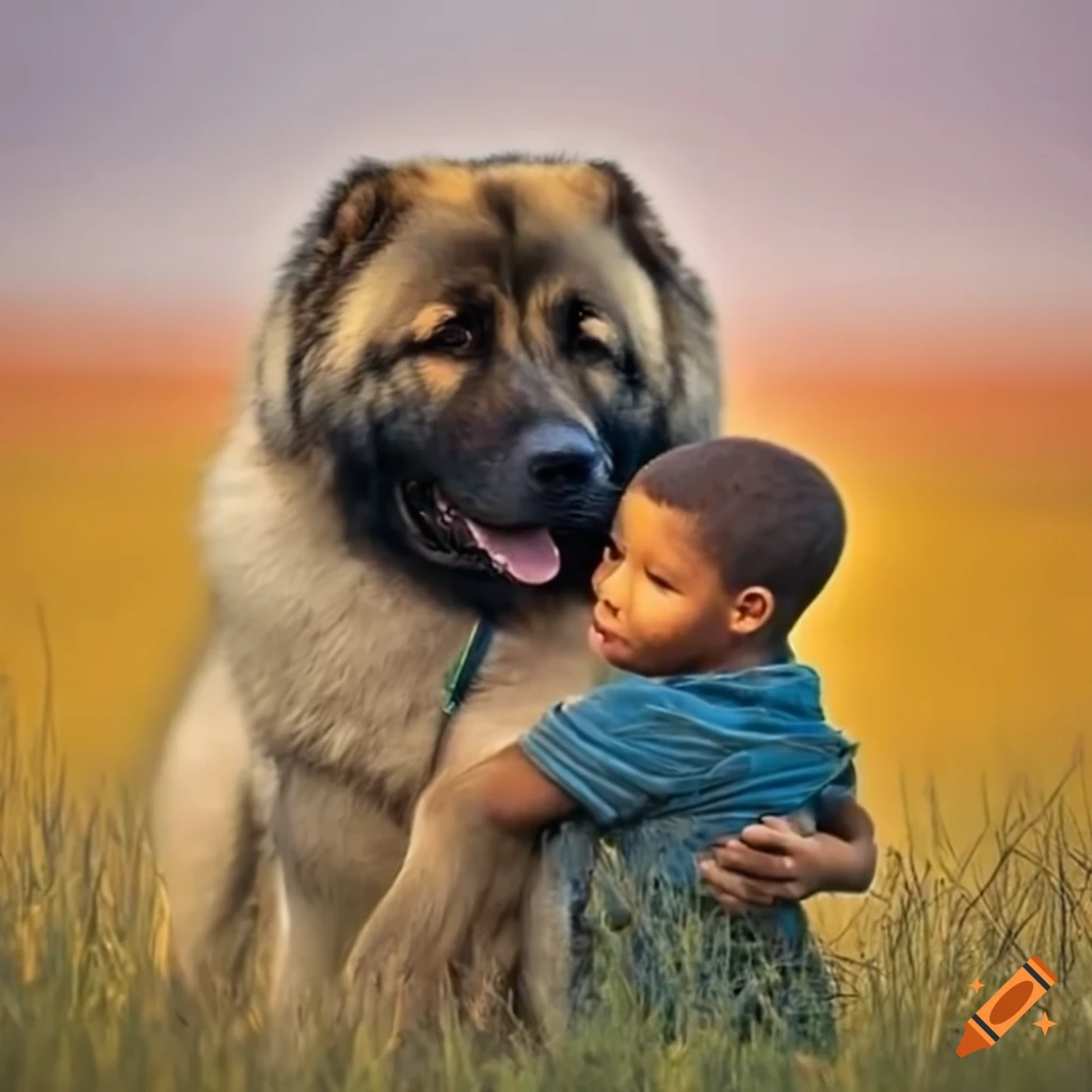 Caucasian shepherd dog with an african boy in a colorful field on Craiyon
