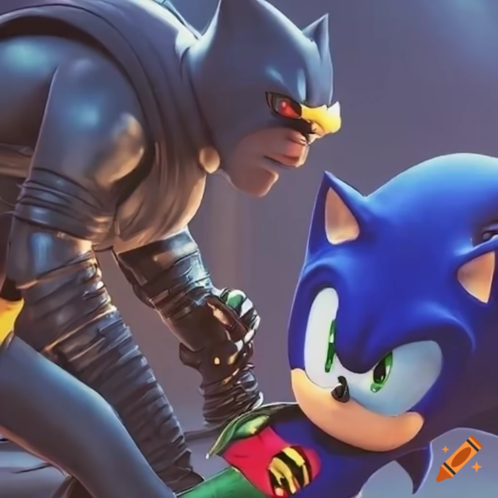 Sonic as robin in the batmobile next to batman on Craiyon