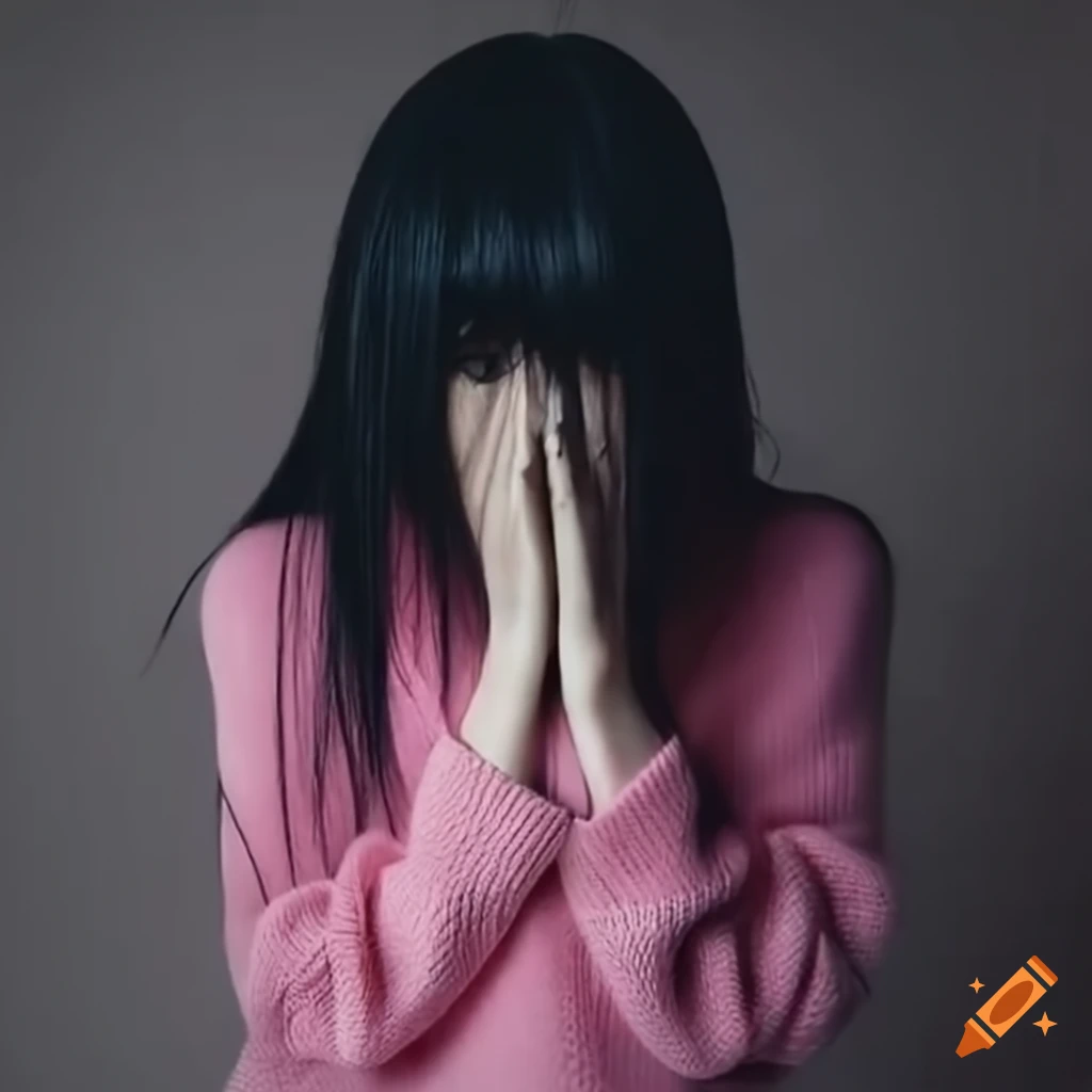 Japanese horror movie character Sadako in a pink sweater with her hair ...