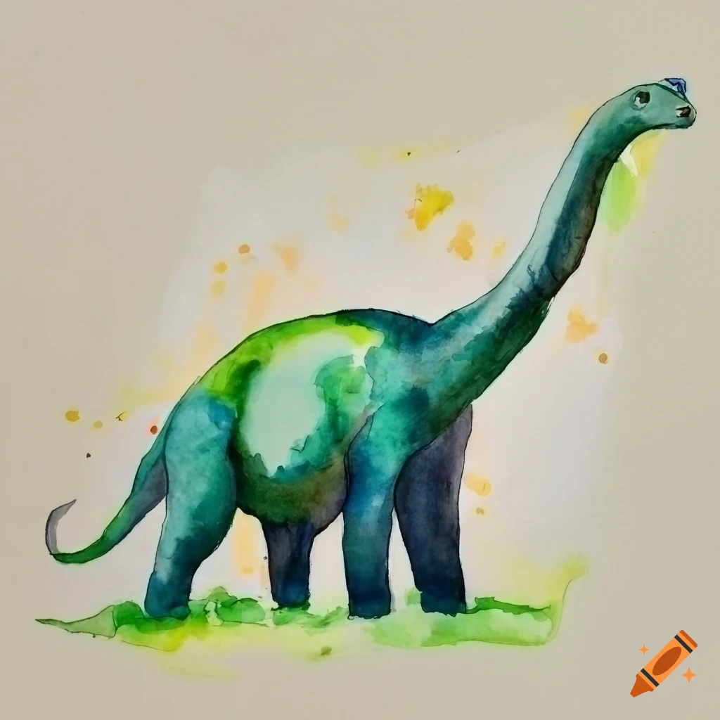 Messy watercolor painting of a brachiosaurus in a woodland scene on Craiyon
