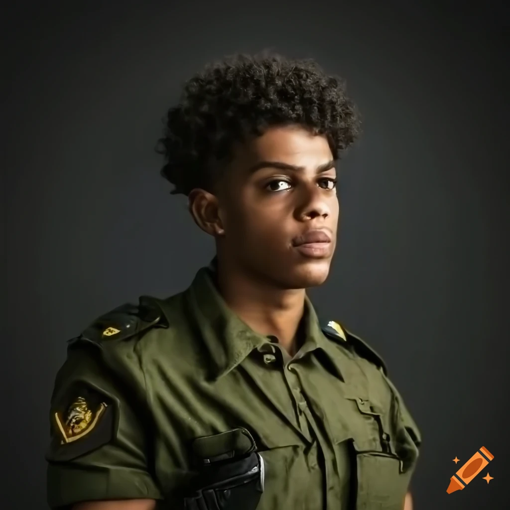 Man with curly black hair and brown skin in an olive green police ...