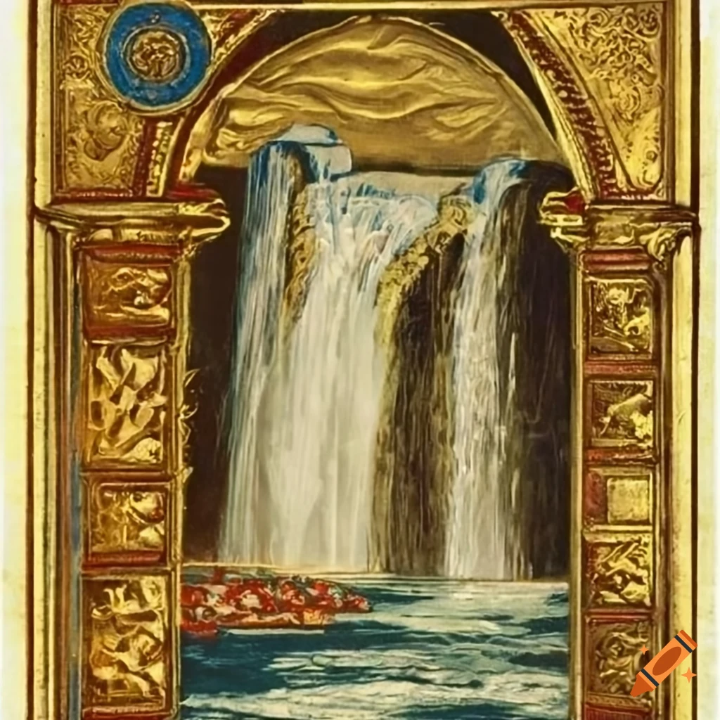 Ancient holy card with golden water streaming from a waterfall on Craiyon