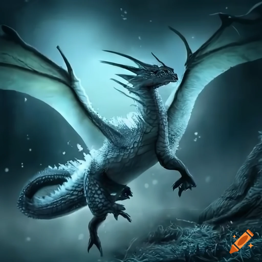 White dragon flying and breathing frost breath in a forest on Craiyon