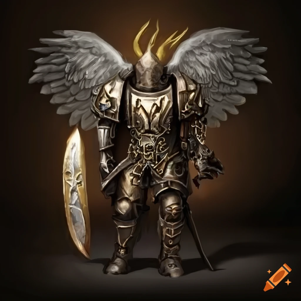 Male angel with warhammer, shield, and dragonscale armor on Craiyon