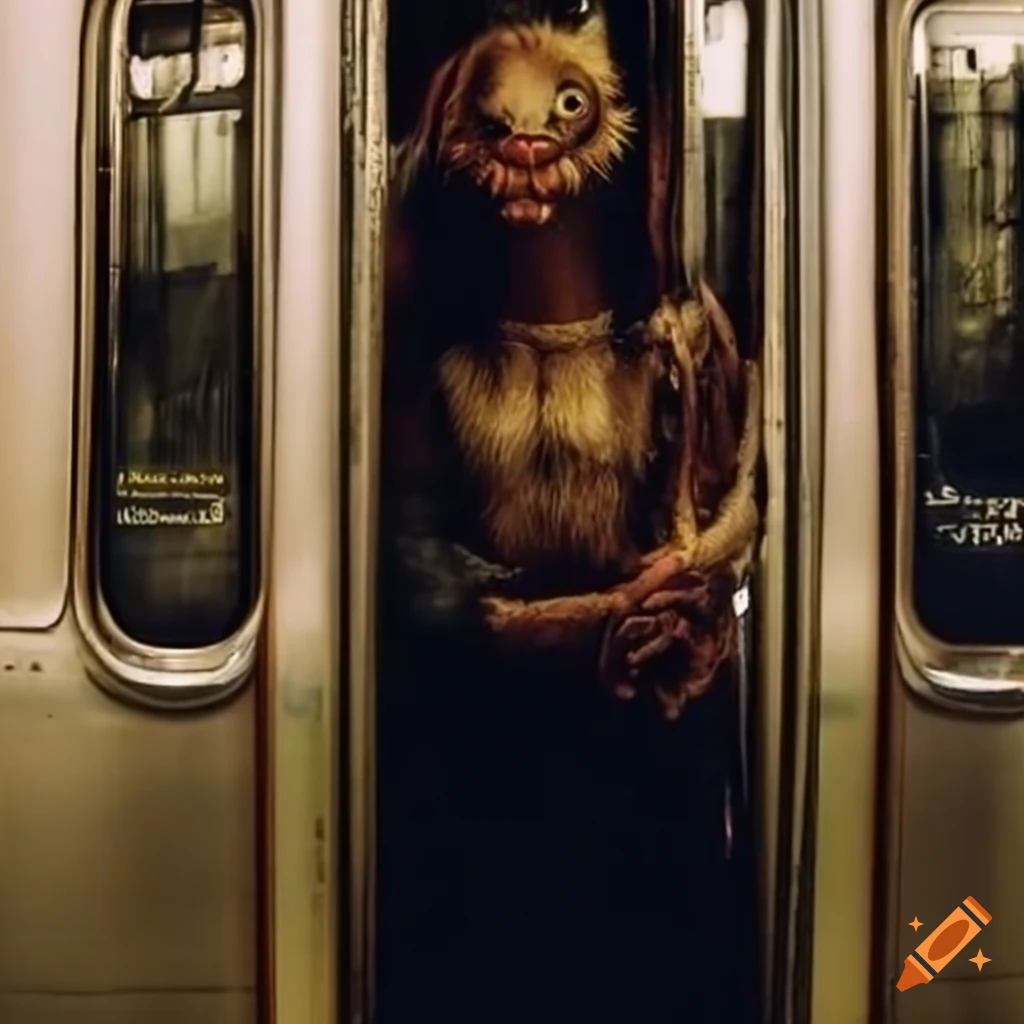 Small creature inside a new york subway train captured by iphone on Craiyon