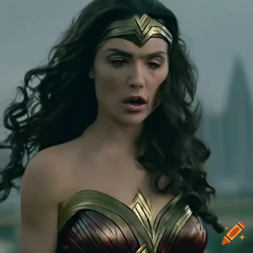 Bruised Wonder Woman fighter with dizzy expression on Craiyon