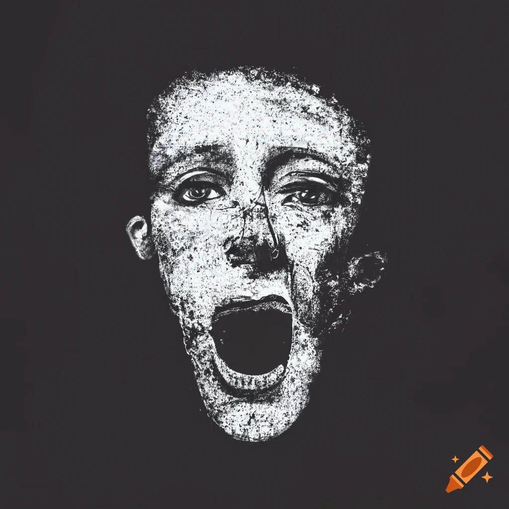 Dadaism style white chalk drawing of a face singing on black grunge ...