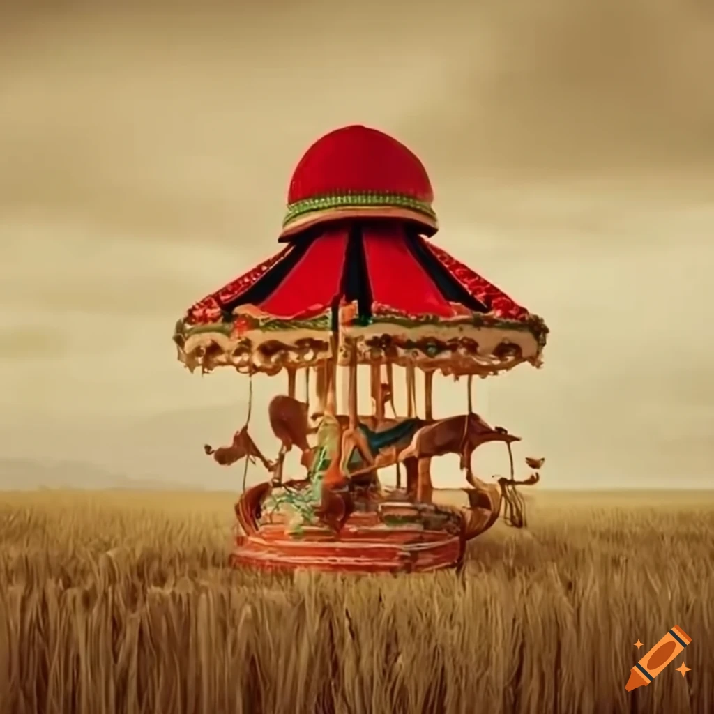 Carousel in a field of rye with a boy wearing a red hunting hat on Craiyon