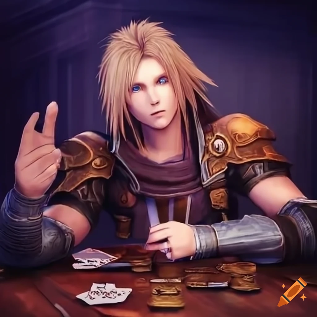 Final fantasy characters playing a card game at a table on Craiyon