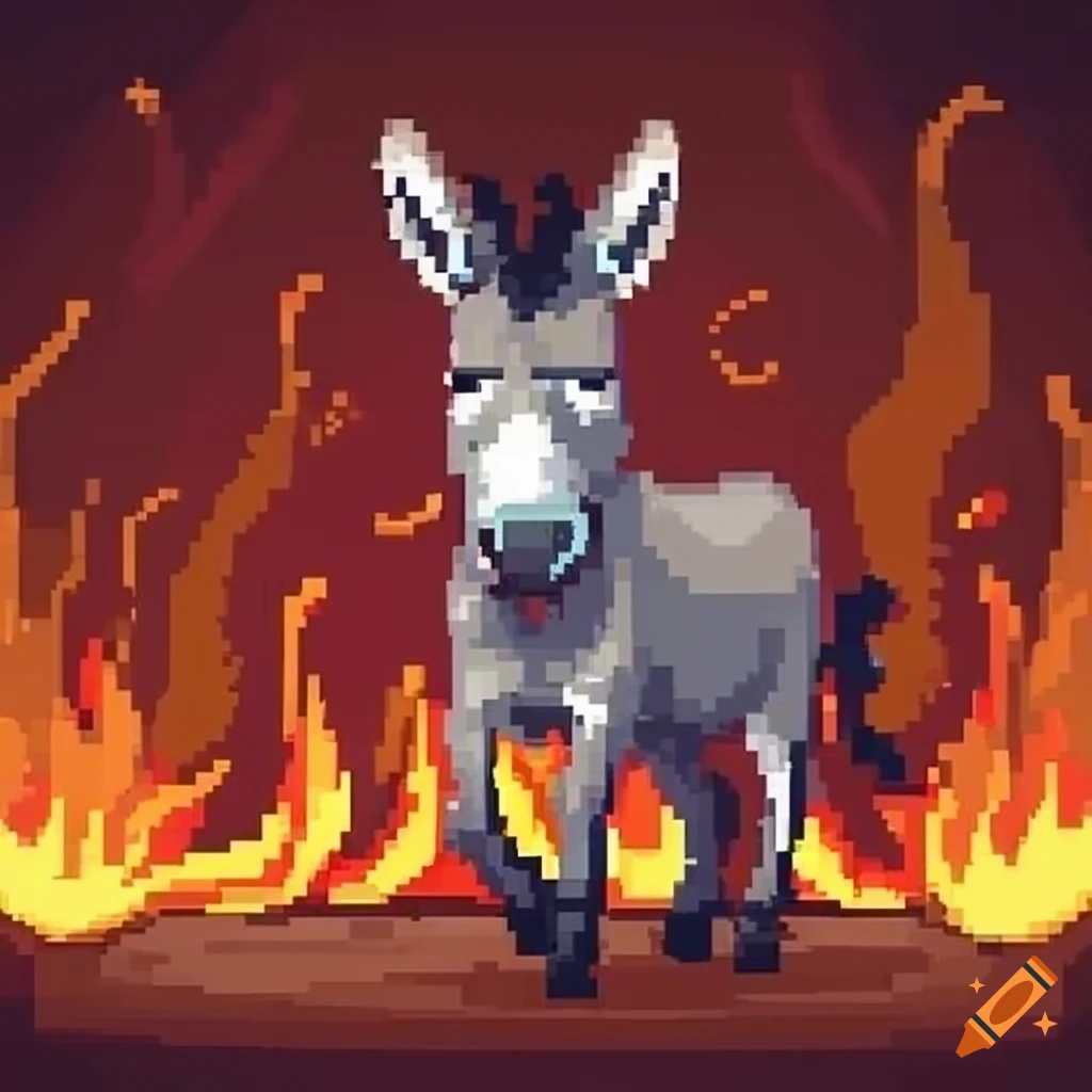 Pixel art of a donkey surrounded by fire on Craiyon