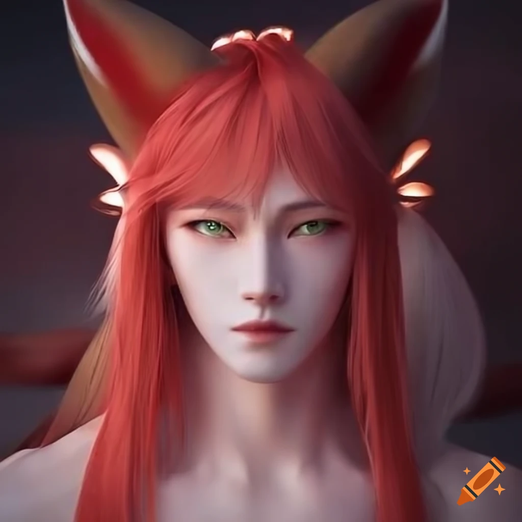 Attractive Male Kitsune With Long Red Hair Pale Skin And Green Eyes On Craiyon