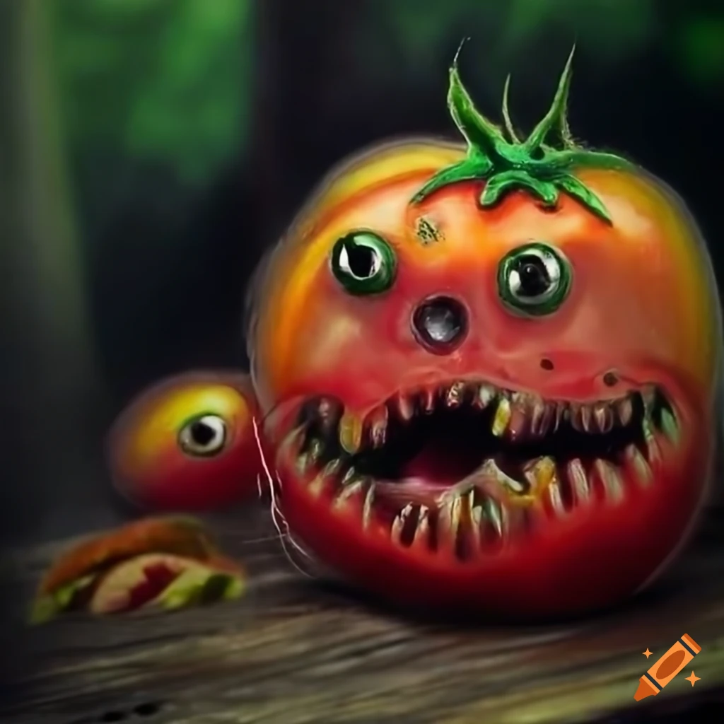 Close-up portrait of the rotten tomato fruit monster on Craiyon