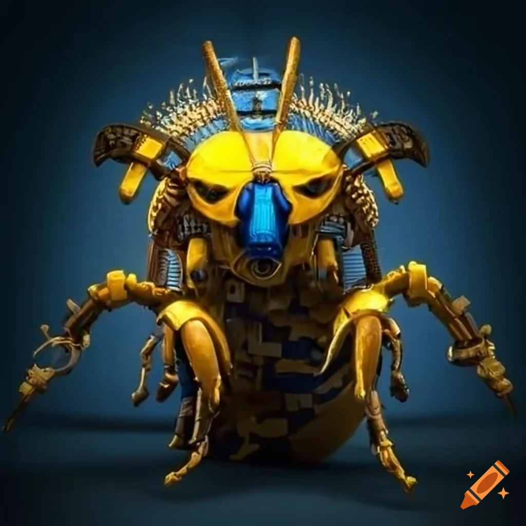 Angry wild technoid steampunk hornet in yellow and blue colors on Craiyon