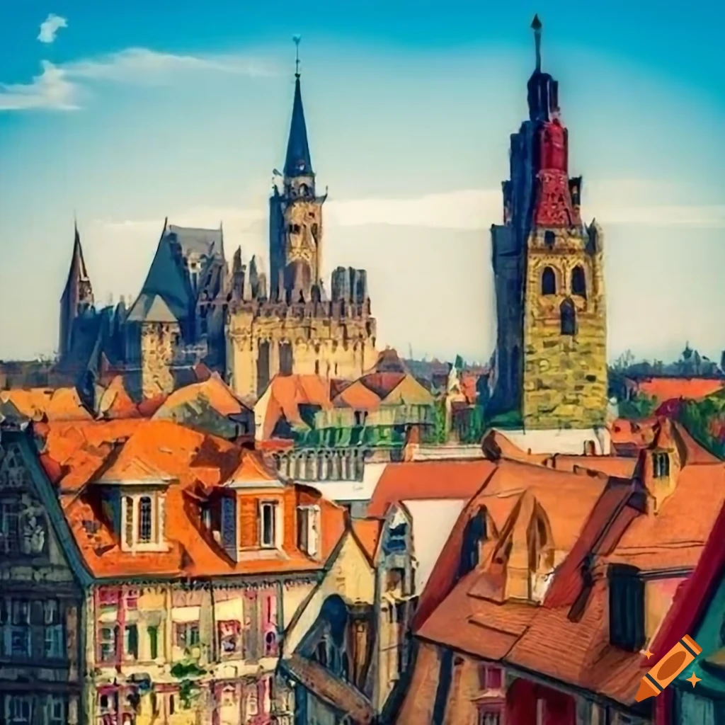 Detailed medieval european city with marketplace, castle, and cathedral ...