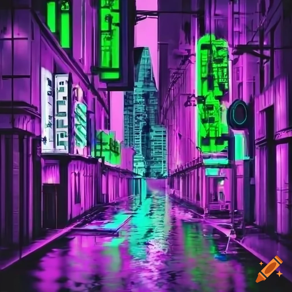 Green and purple neon signs in a dystopian cityscape on Craiyon