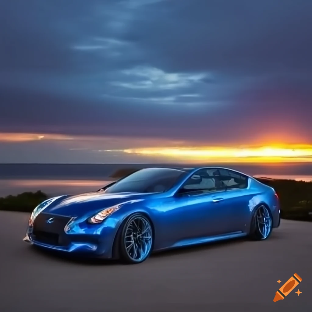 Metallic blue infinity g37s against sunset from a distance on Craiyon