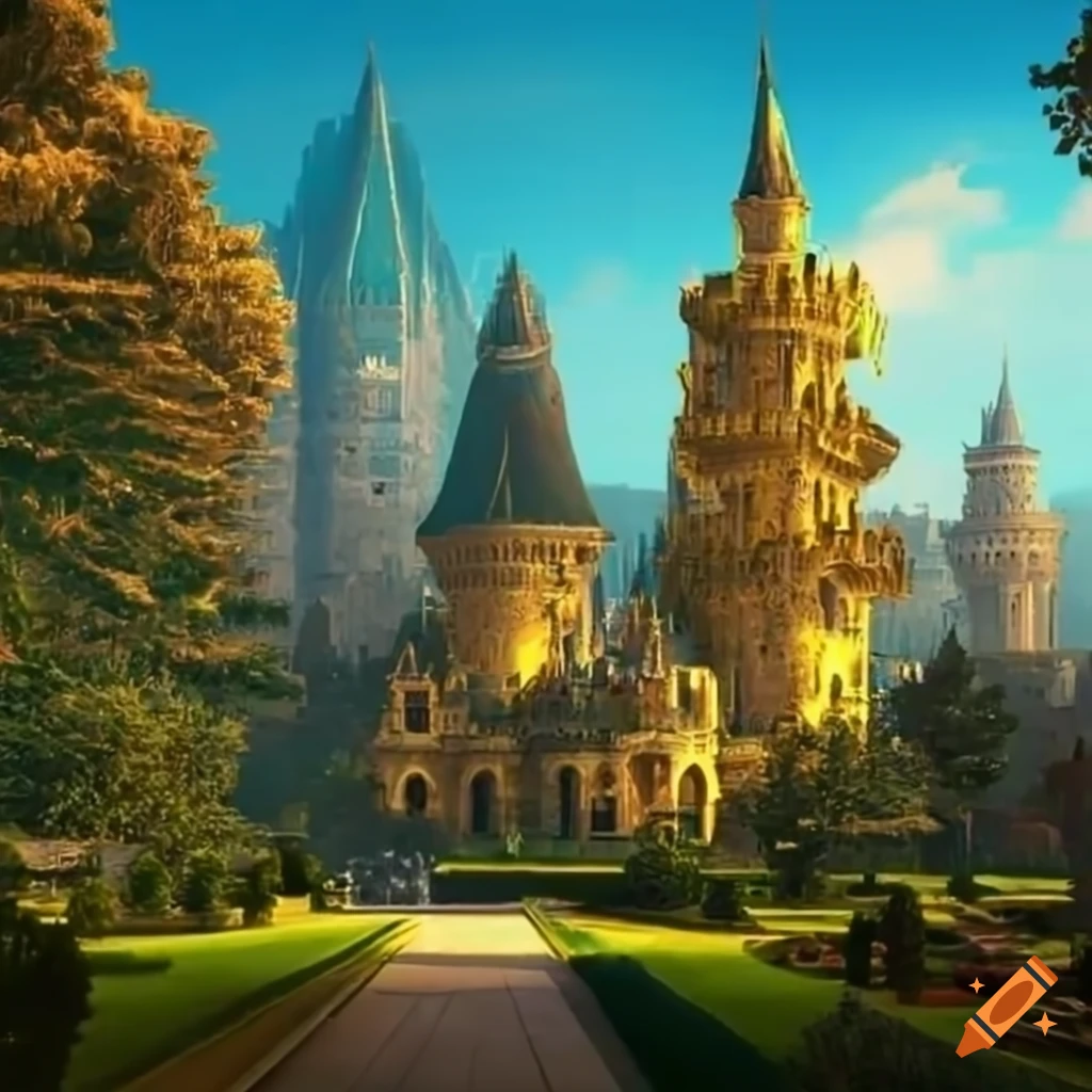 Majestic mansions and gold-paved streets in a celestial kingdom with ruby trees on Craiyon